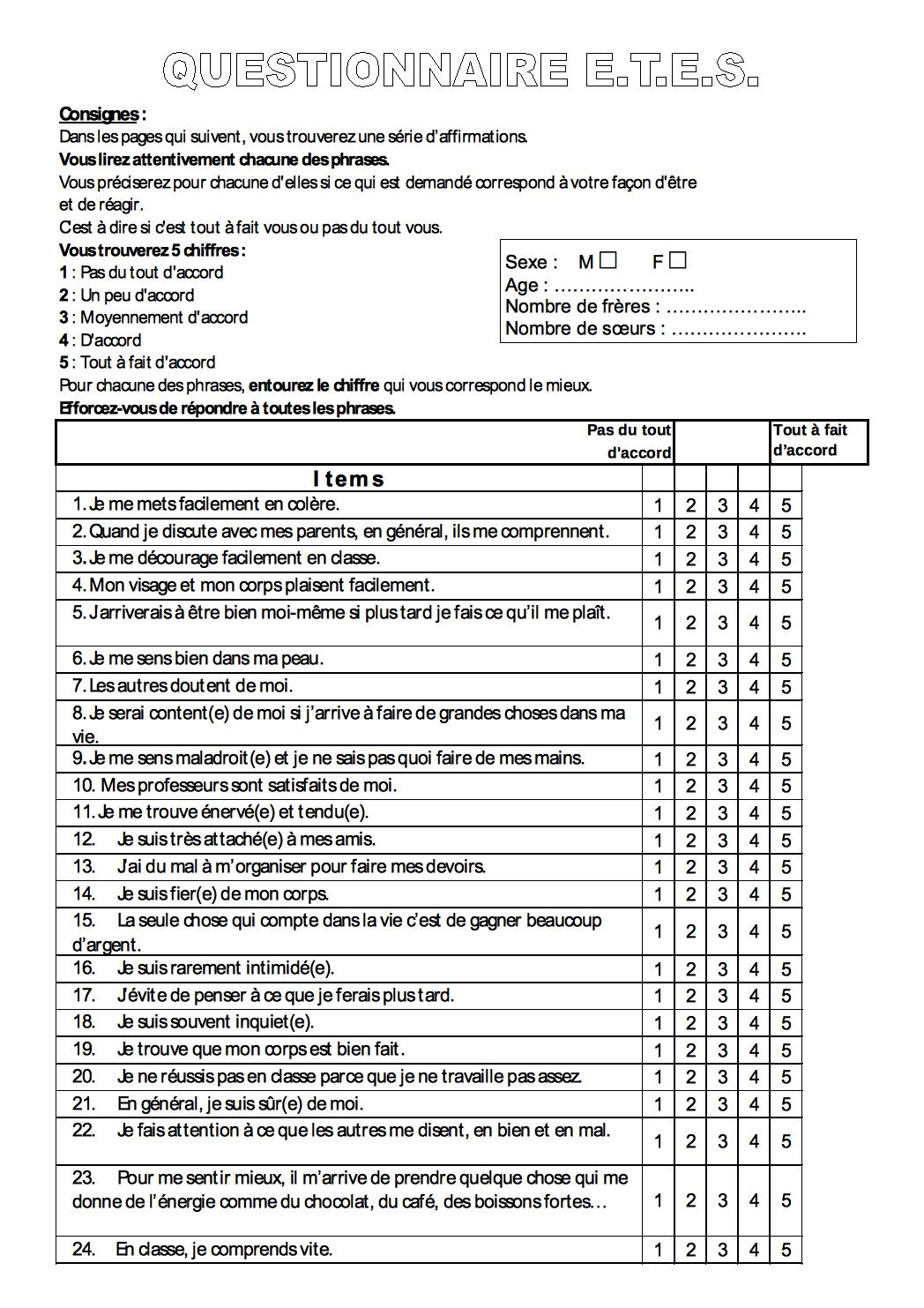 questionnaire adolescent estime de soi
